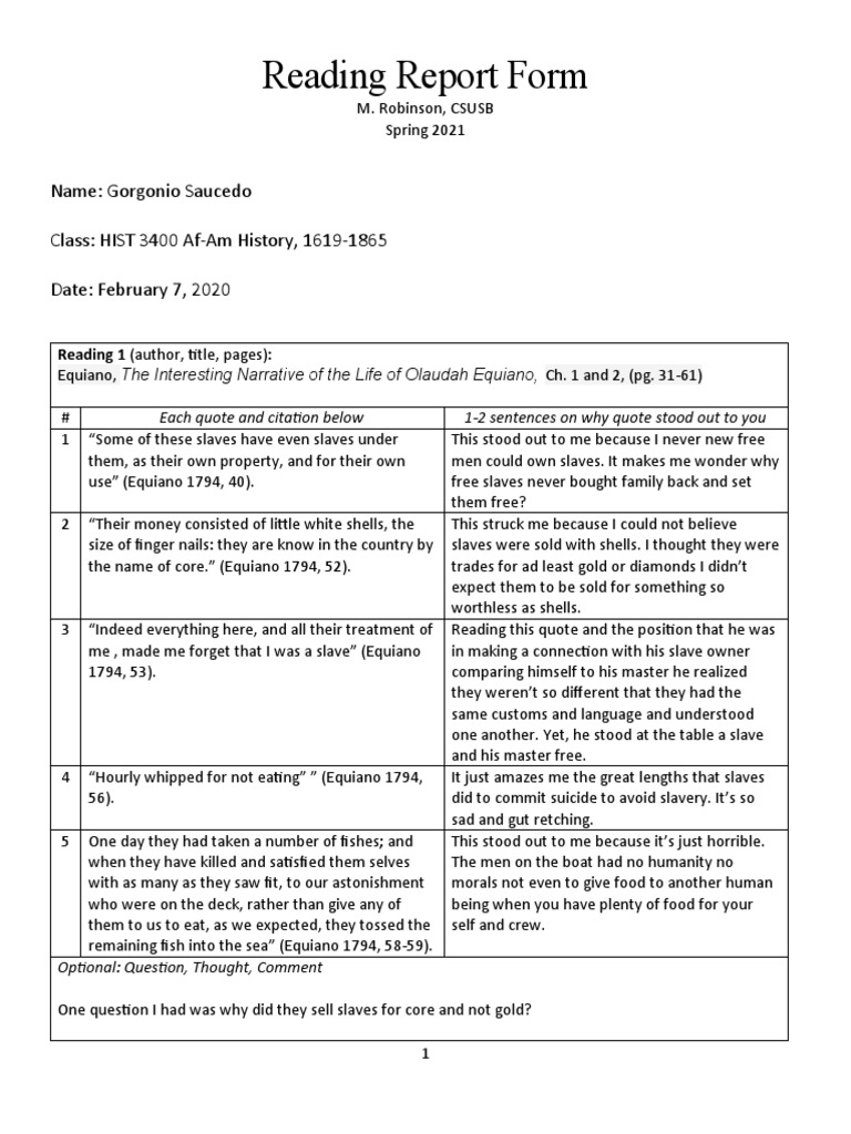 Reading Report Form J 2021 - Template | PDF | Atlantic Slave Trade ...
