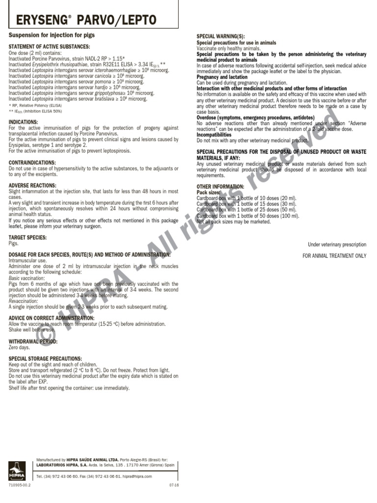 Suspension For Injection For Pigs: RP, Relative Potency (ELISA) IE ...