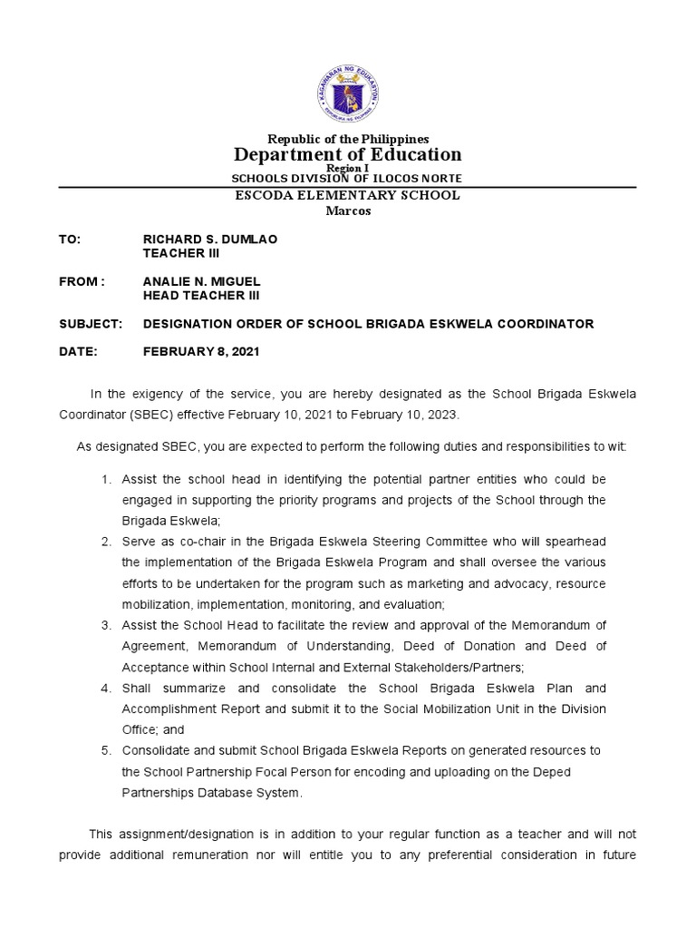 DepEd School Brigada Eskwela Coordinator Designation | PDF | Policy ...