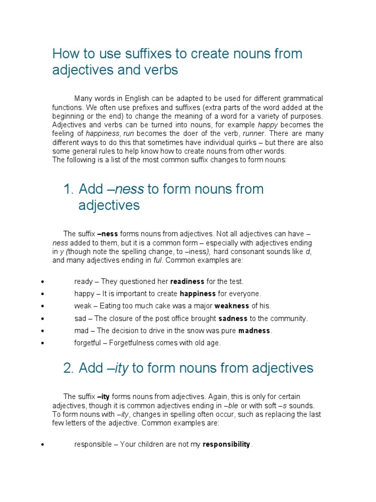 How To Use Suffixes To Create Nouns From Adjectives and Verbs | PDF ...
