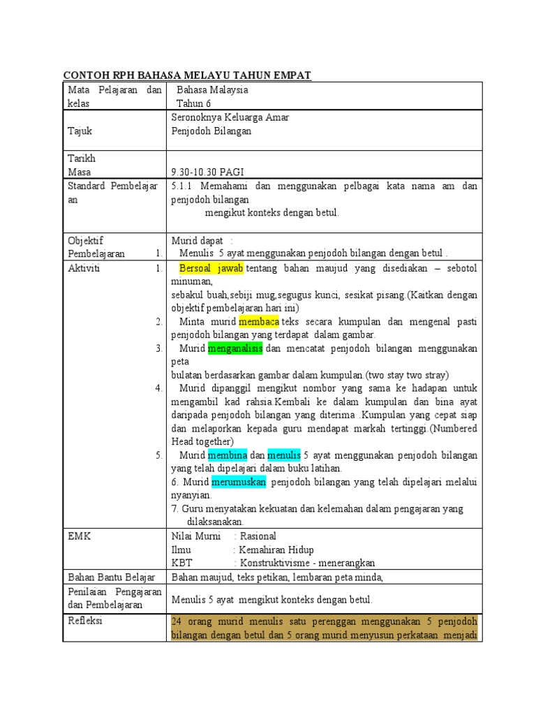 Contoh RPH Bahasa Melayu Tahun Empat | PDF