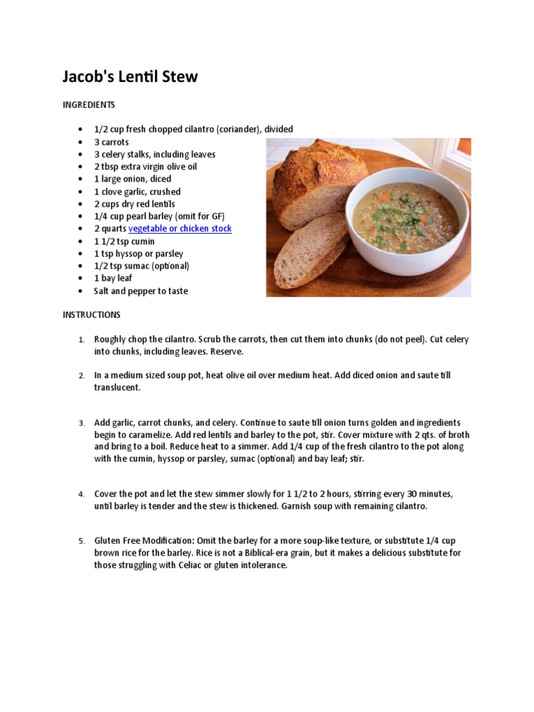Jacob's Lentil Stew: Vegetable or Chicken Stock | PDF