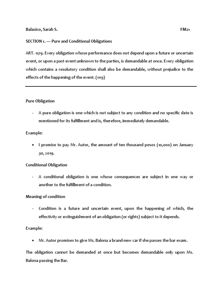 Balasico, Sarah S. FM21 SECTION 1. - Pure and Conditional Obligations ...