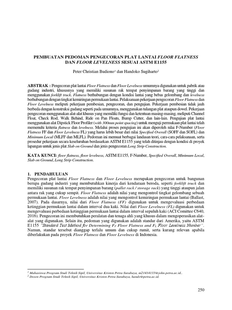 Pembuatan Pedoman Pengecoran Plat Lantai Floor Flatness Dan Floor Levelness Sesuai Astm E1155 | PDF