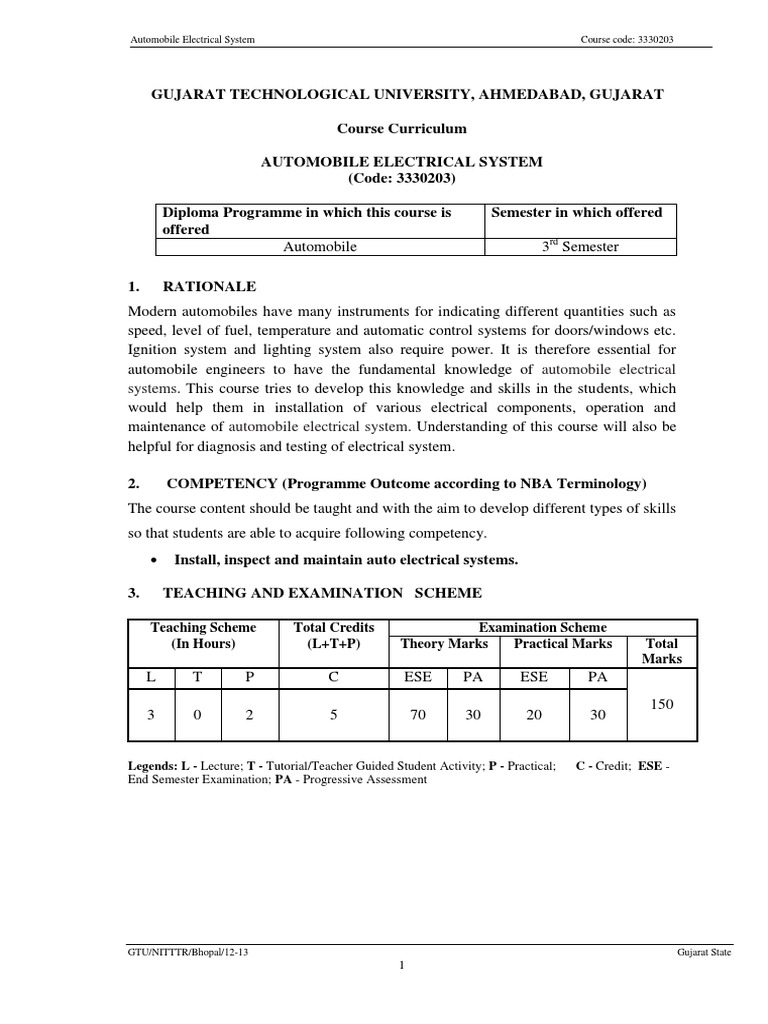 Lecture Notes Automobile Electrical Systems | PDF
