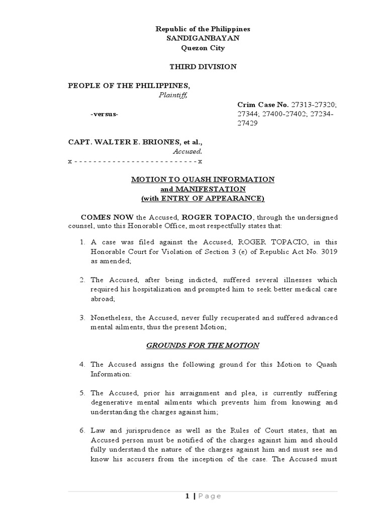 Motion To Quash - Topacio | PDF | Insanity Defense | Competence (Law)