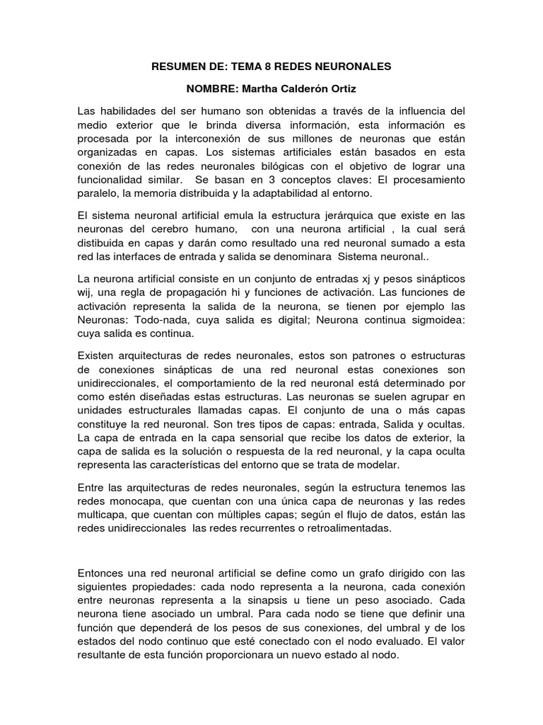 Resumen de t8 | PDF | Red neuronal artificial | Neurona