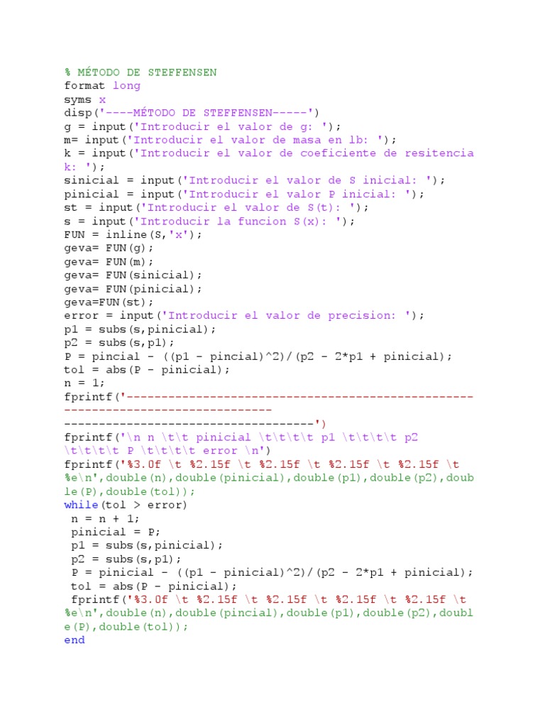 Método de Steffensen en MATLAB | PDF | Matemáticas De La Computación | Análisis numérico