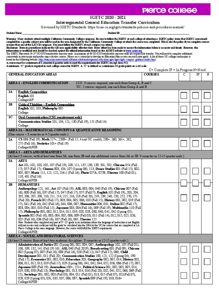 IGETC 2020 - 2021 Intersegmental General Education Transfer Curriculum ...