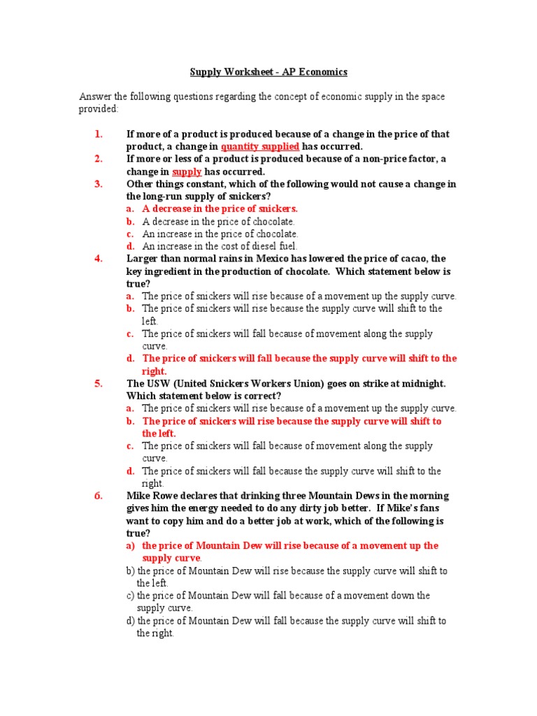 Supply Worksheet Key | Download Free PDF | Supply (Economics) | Supply ...