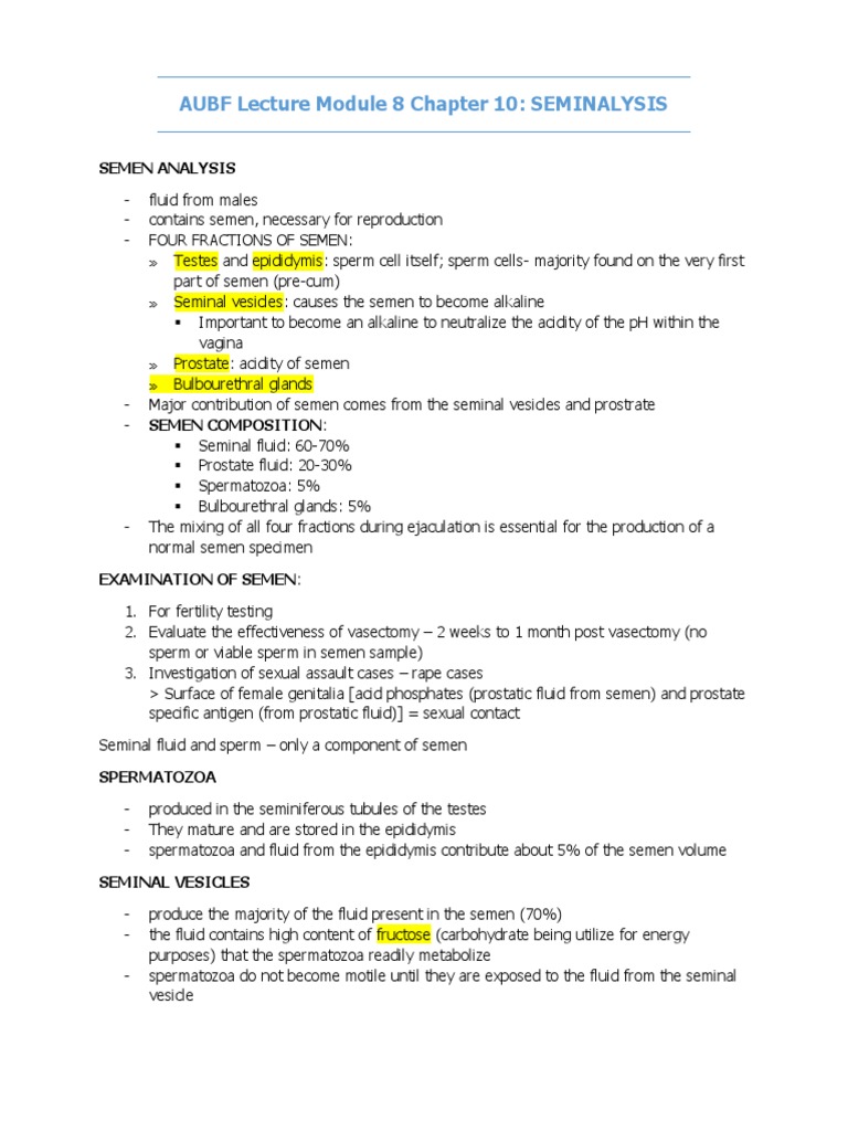 AUBF Lecture Module 8 Chapter 10: SEMINALYSIS: Semen Analysis | PDF ...