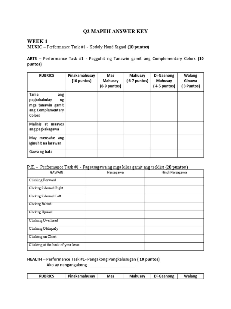 q2 Mapeh Answer Key | PDF