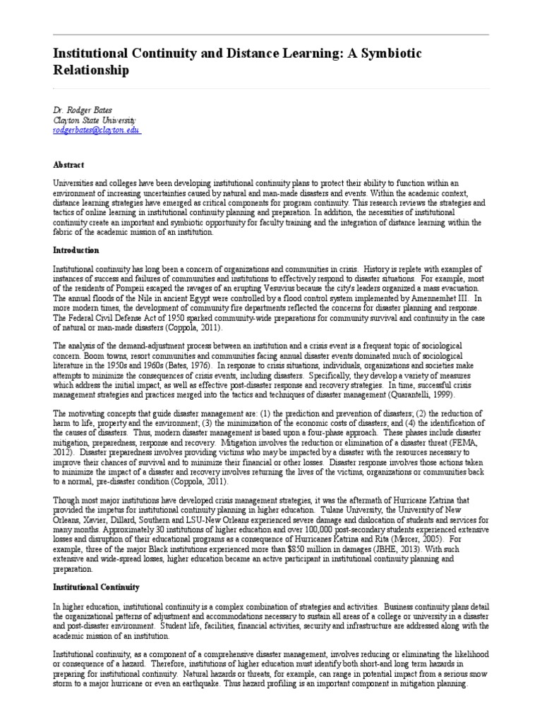 Institutional Continuity and Distance Learning A Symbiotic Relationship ...