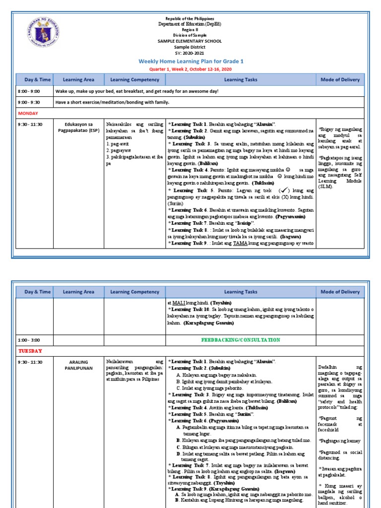 Grade 1 - All Subjects - WHLP - Q1 - W2 | PDF