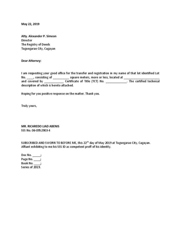 Letter Request ROD For Transfer by A Representative | PDF