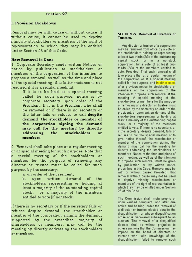 Section 27 I. Provision Breakdown: SECTION 27. Removal of Directors or ...