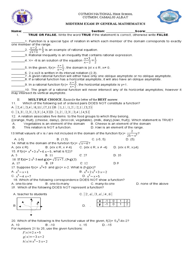 Midterm Exam Gen Math | PDF | Asymptote | Function (Mathematics) Midterm Exam Gen Math | PDF | Asymptote | Function (Mathematics)