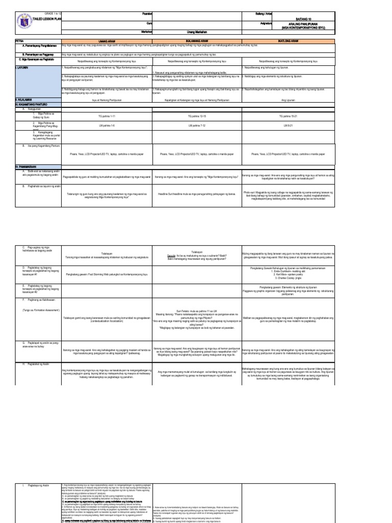DLL Grade 10 1ST Grading 1 | PDF