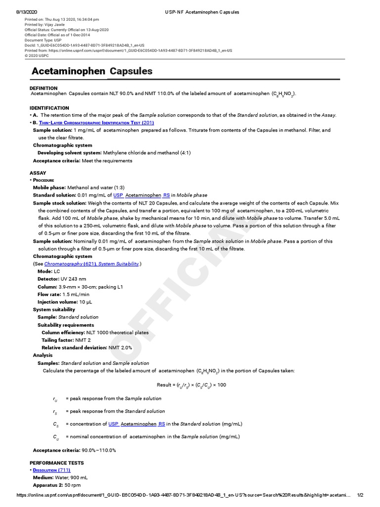 Acetaminophen Capsules USP-NF | PDF | Solution | Chromatography