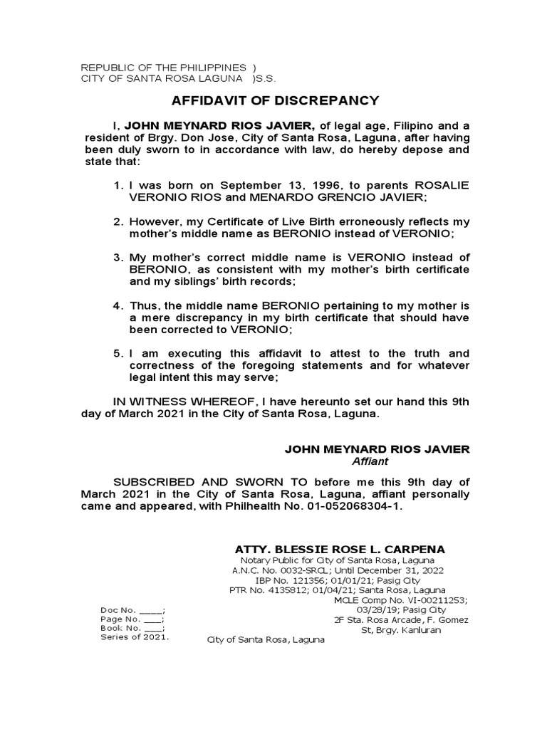 Affidavit of Discrepancy: Republic of The Philippines) City of Santa ...