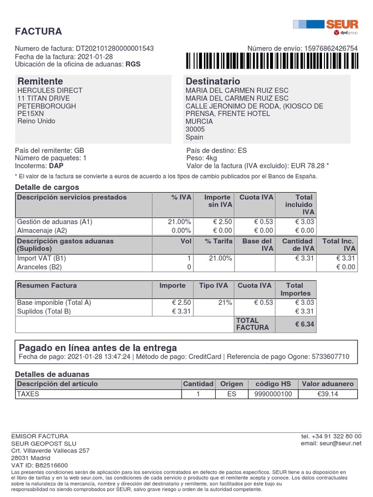 Factura SEUR Geopost S.L.U. | PDF | aduana | Factura