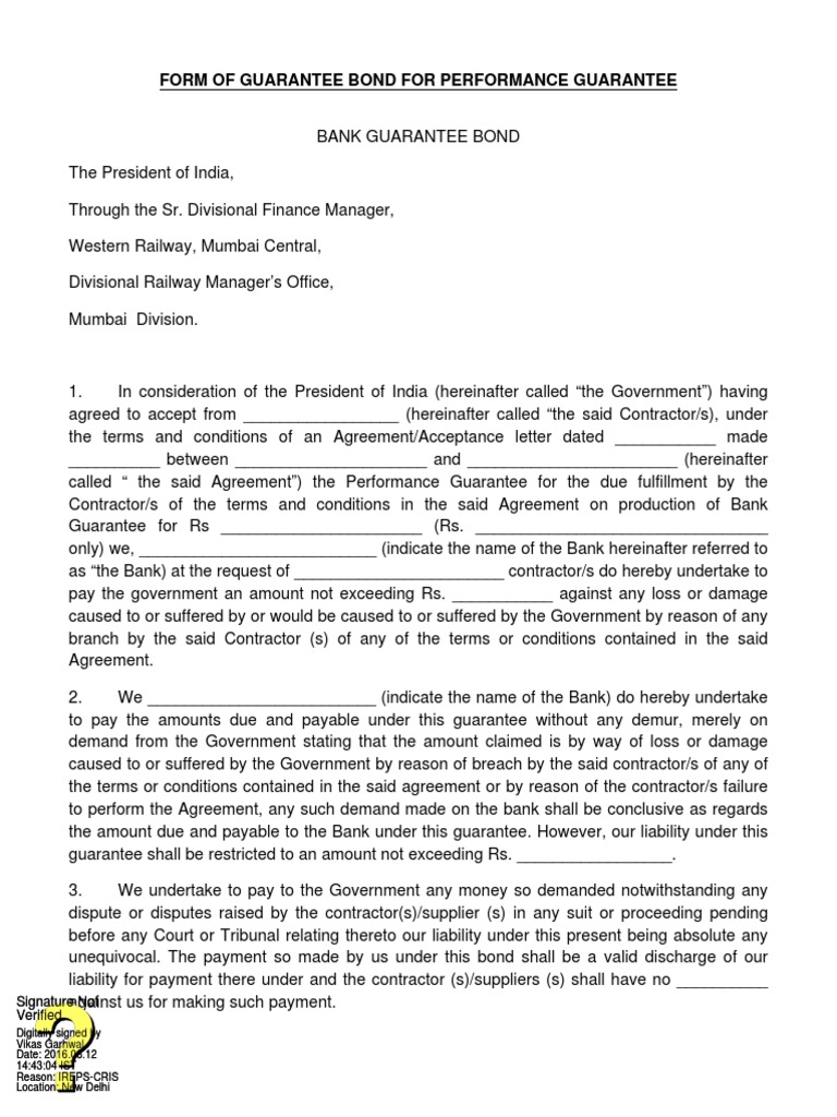Form of Guarantee Bond For Performance Guarantee: Signature Not ...