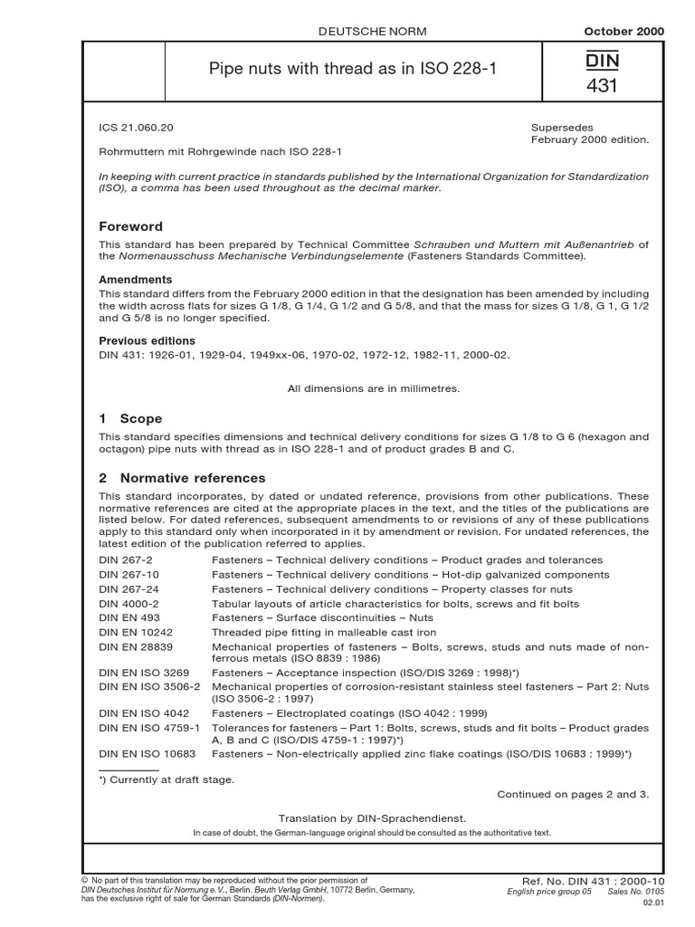 DIN 431-2000 - Iso228-1 Pipe Nuts Thread As in ISO 228-1 | PDF | Screw ...