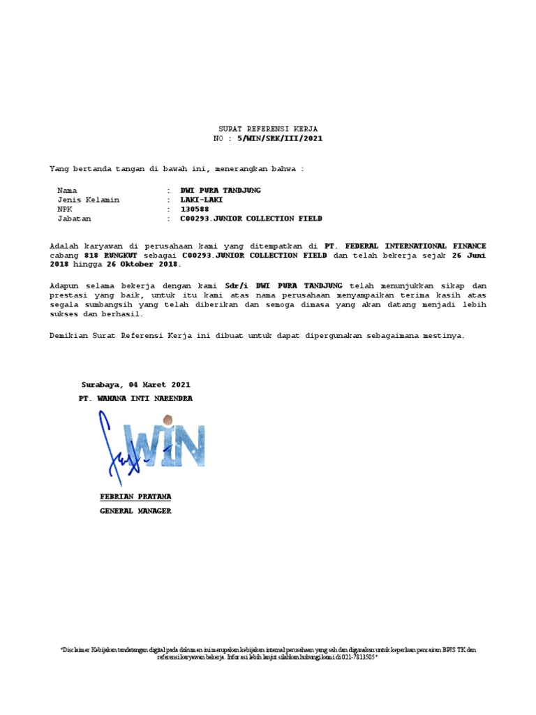 DWI PURA TANDJUNG - Reference Work Letter | PDF