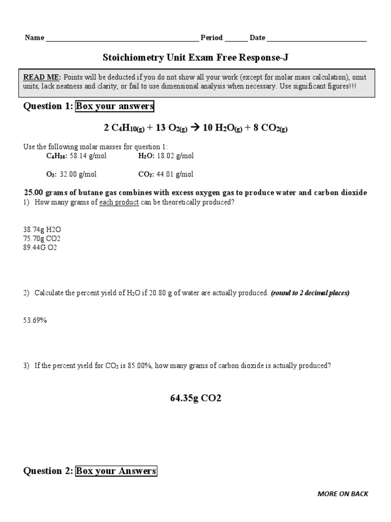 Stoichiometry Exam Free Response Guide | PDF