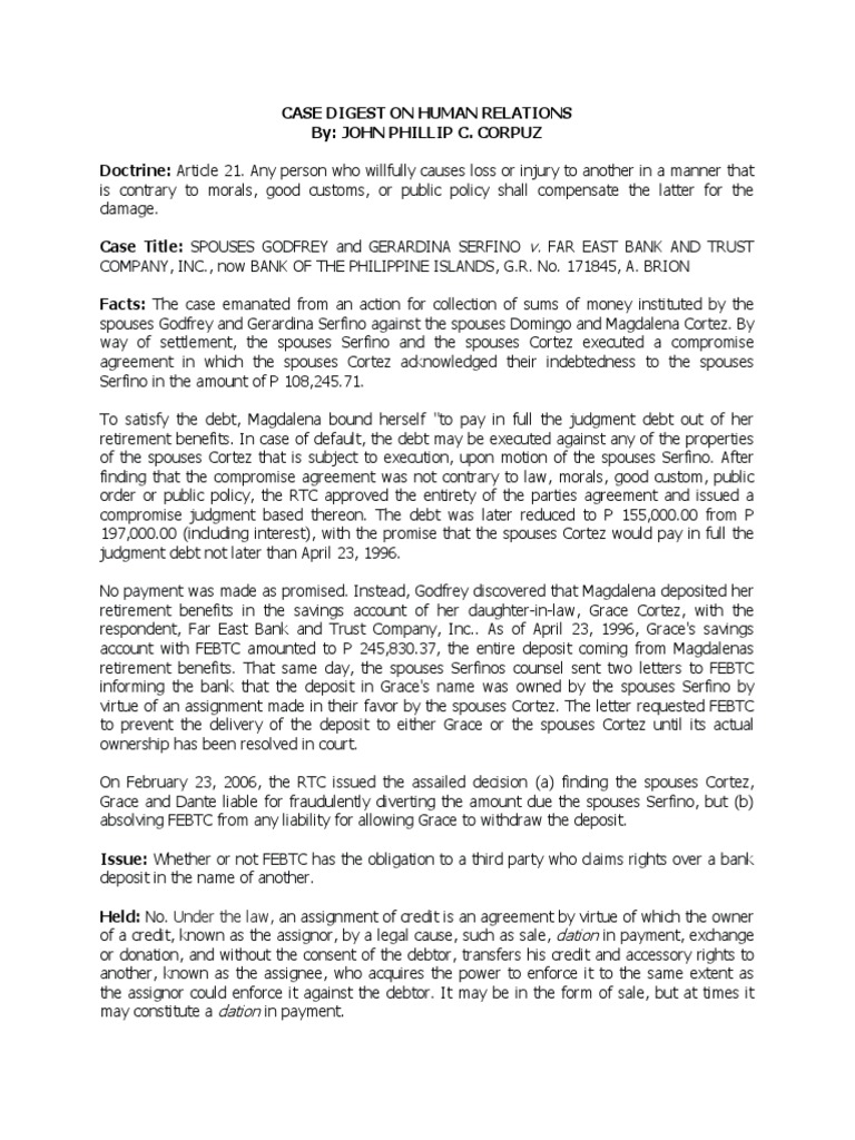 Case Digests On Civil Review 1 (Human Relations) - John Phillip C. Corpuz | PDF | Assignment ...