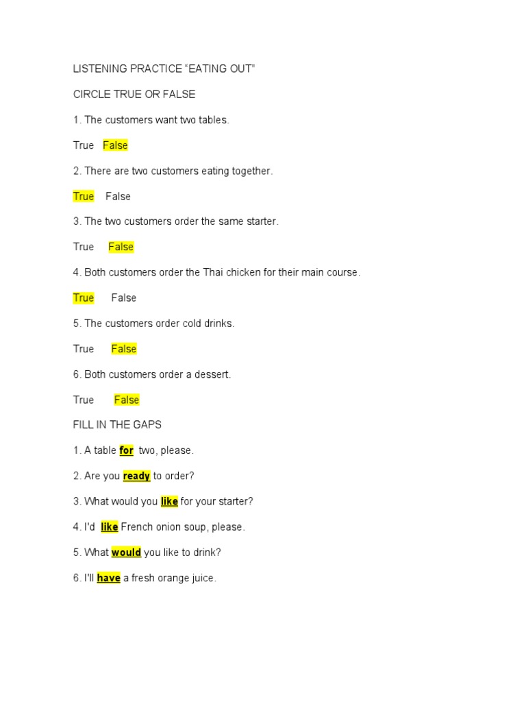 Listening Eating Out Worksheet | PDF