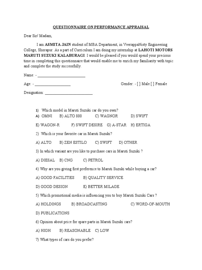 Questionnaire On Performance Appraisal | PDF | Wheeled Vehicles | Motor ...