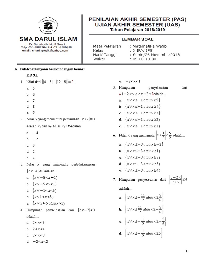 Pas SMT 1 MTK Wajib KLS X Ipa Ips | PDF