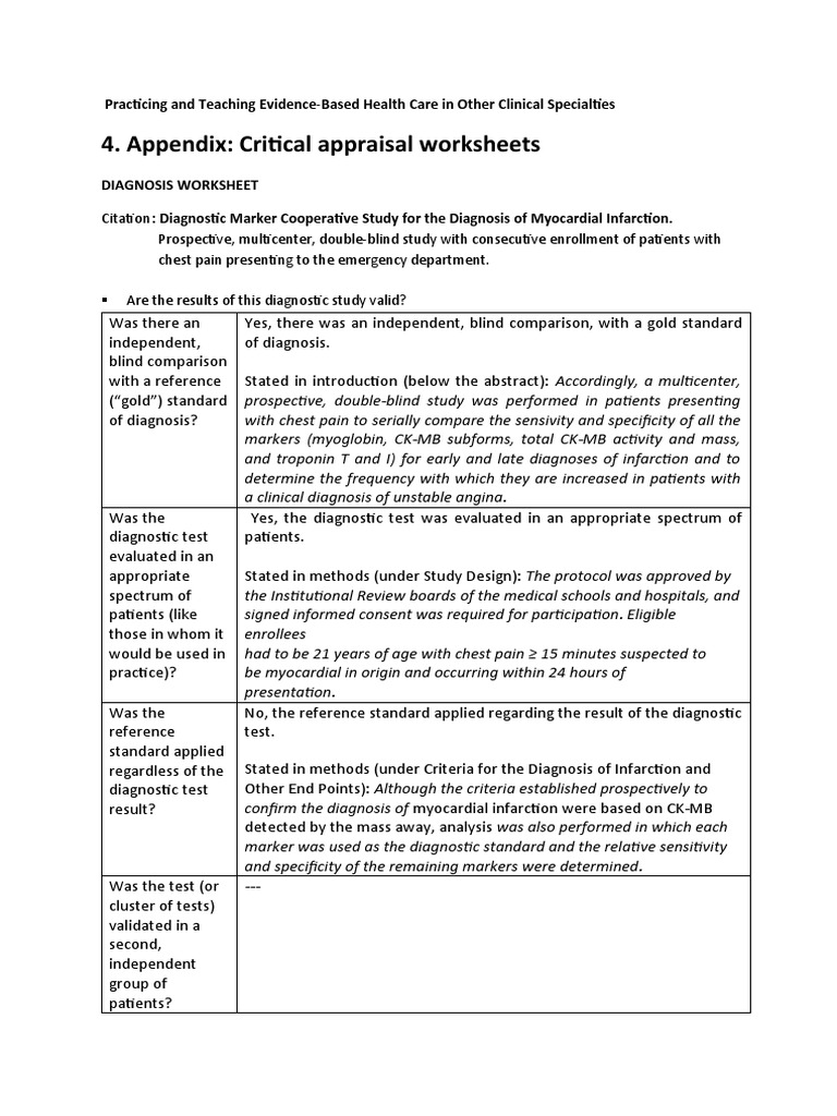 Appendix: Critical Appraisal Worksheets | PDF | Medicine | Clinical ...