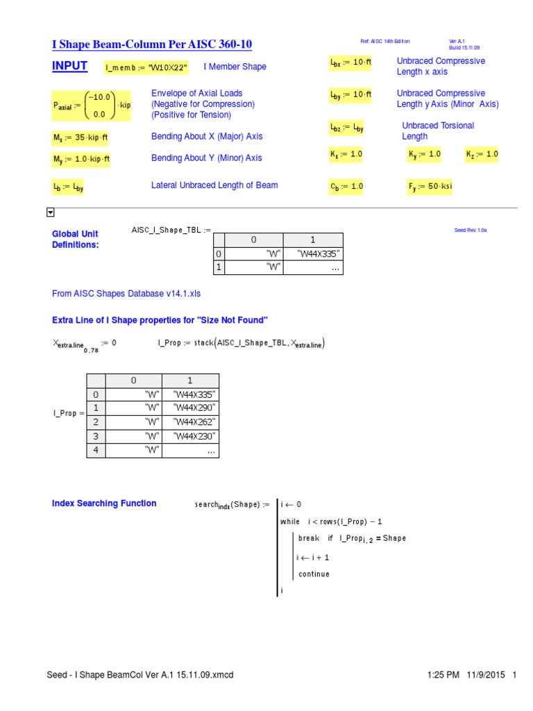 I Shape Beam-Column Per AISC 360-10 Input: Global Unit Definitions ...