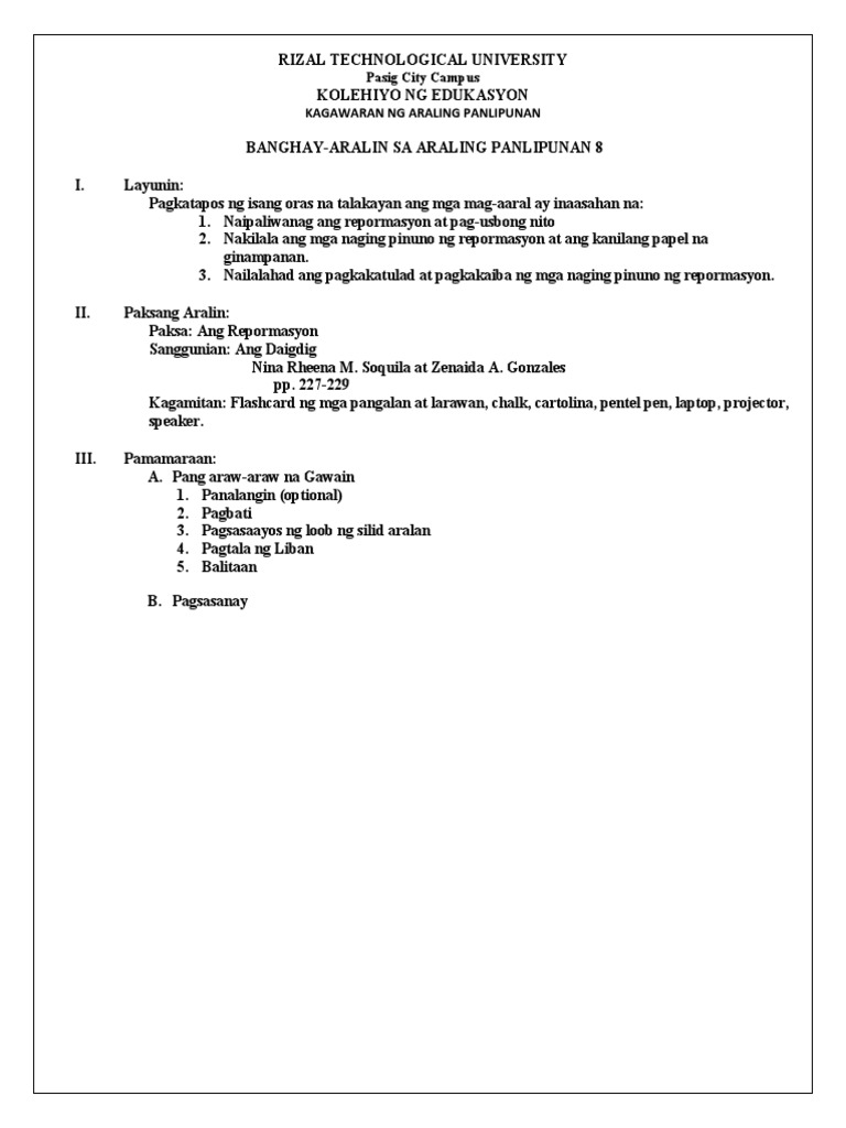 Banghay Aralin Sa Repormasyon (JHS) | PDF