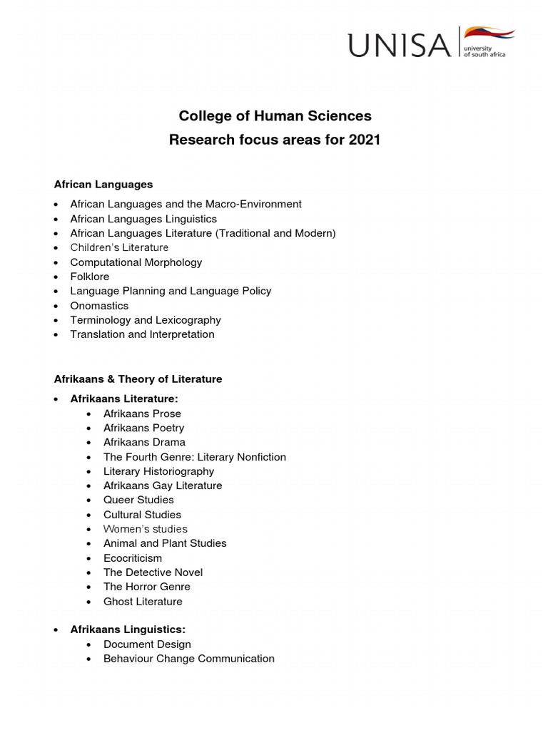 College of Human Sciences Research Focus Areas For 2021: African ...