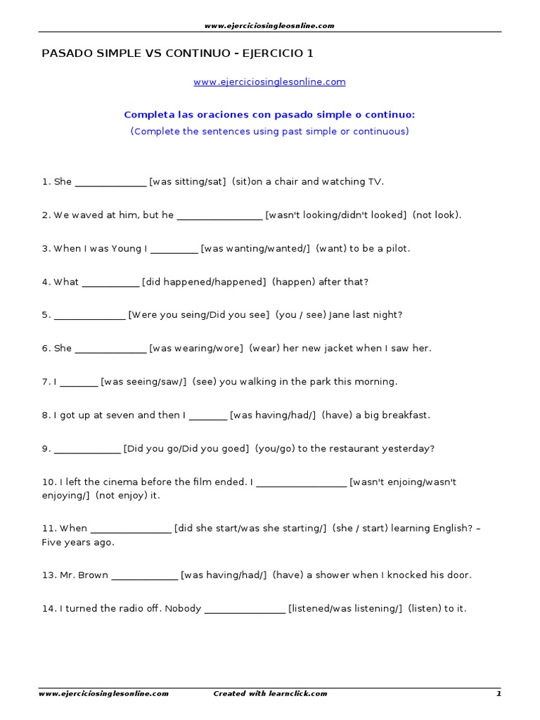 Pasado Simple VS Continuo - Ejercicio 1 | PDF