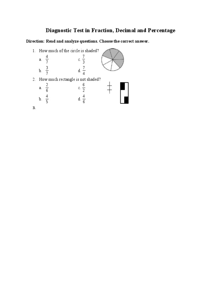Diagnostic Test in Fraction, Decimal and Percentage | PDF