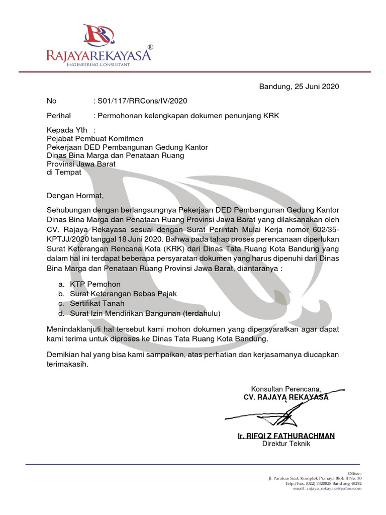 SURAT PERMOHONAN Kelengkapan Dokumen KRK | PDF