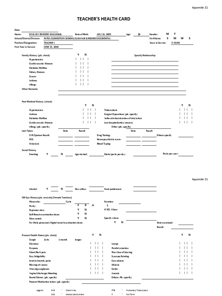 Teacher's Health Card Template | PDF | Cardiovascular Diseases ...