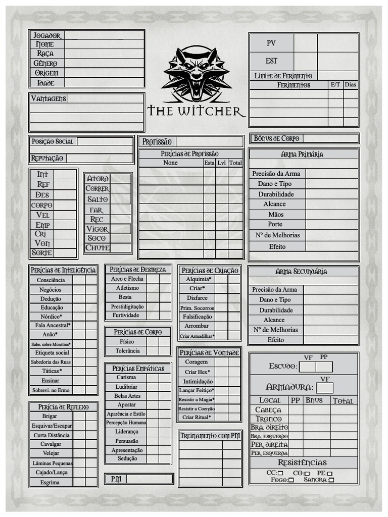 Ficha Personalizada para The Witcher RPG | PDF | Armamento | Lazer