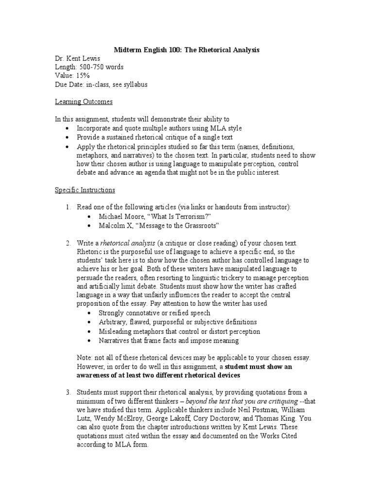 Midterm English 100: The Rhetorical Analysis | PDF | Rhetoric | Essays