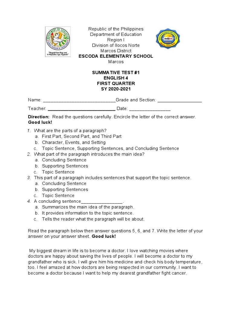 Summative Test #1: Assessing English Skills in Reading Comprehension ...