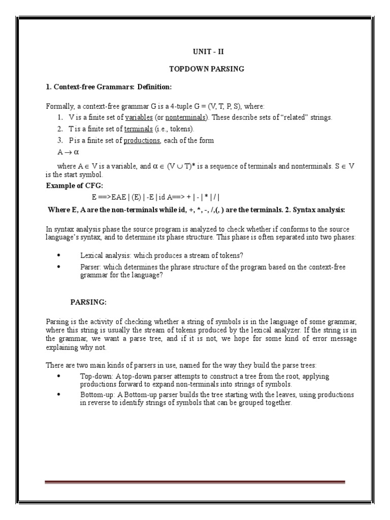 Unit - Ii Topdown Parsing 1. Context-Free Grammars: Definition | PDF | Parsing | Implementation