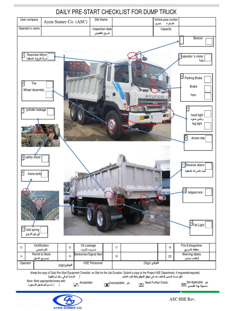 Daily Pre-Start Checklist For Dump Truck: Ayen Sumer Co. (ASC ...