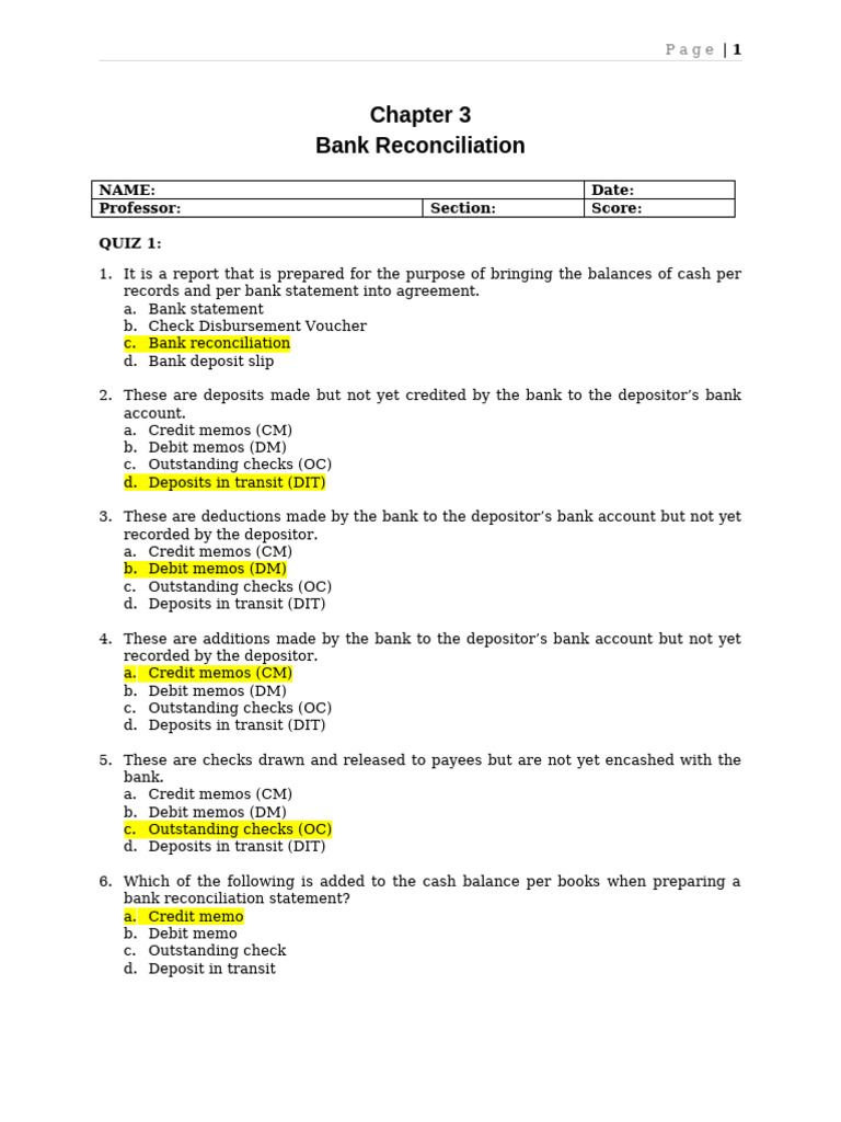 Quiz - Chapter 3 - Bank Reconciliation | PDF | Deposit Account | Debits ...
