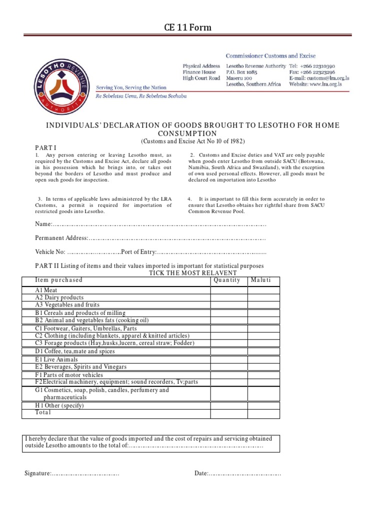 CE 11 New Customs and Excise Form | PDF | Customs | Trade