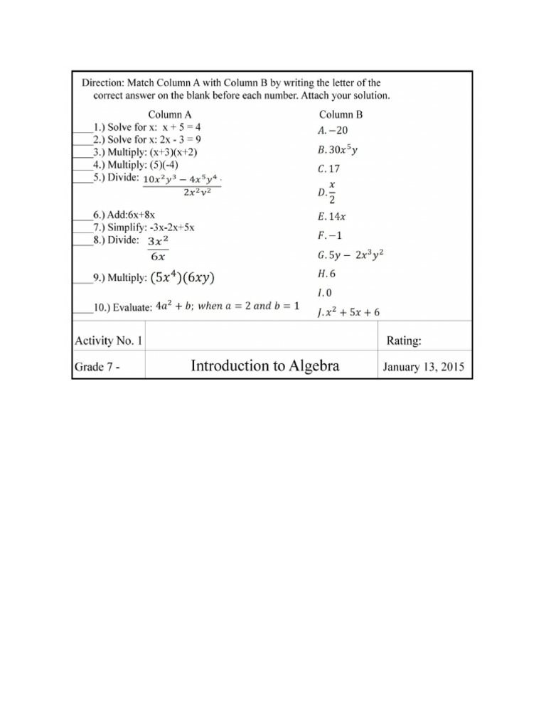 Introduction To Algebra Quiz | PDF