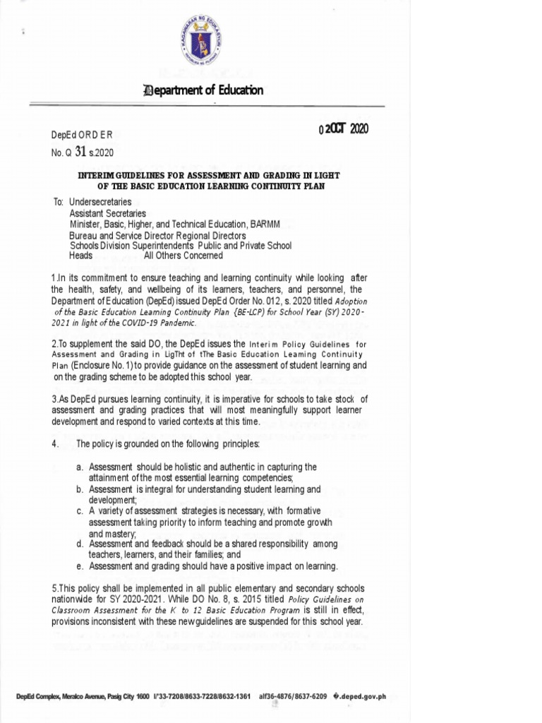 Epartment of Education: Depedorder | PDF | Educational Assessment ...